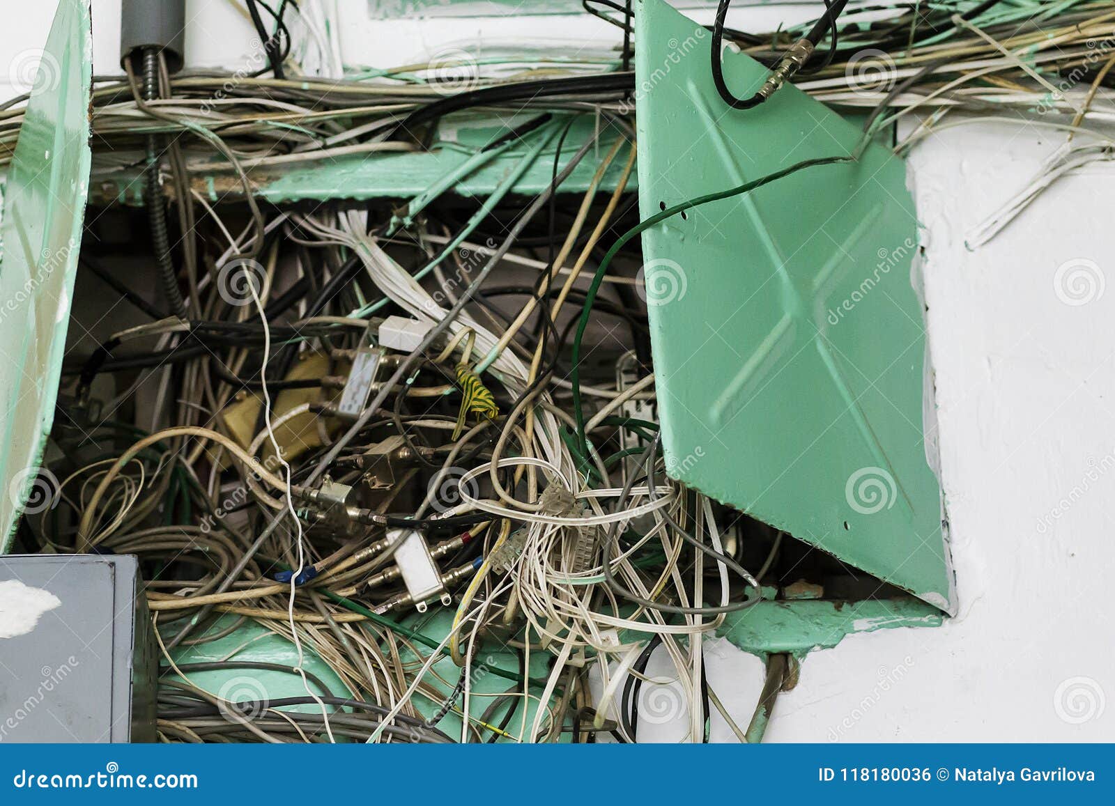 The Mess Electrical Wires With The Blue Sky Background Stock ...