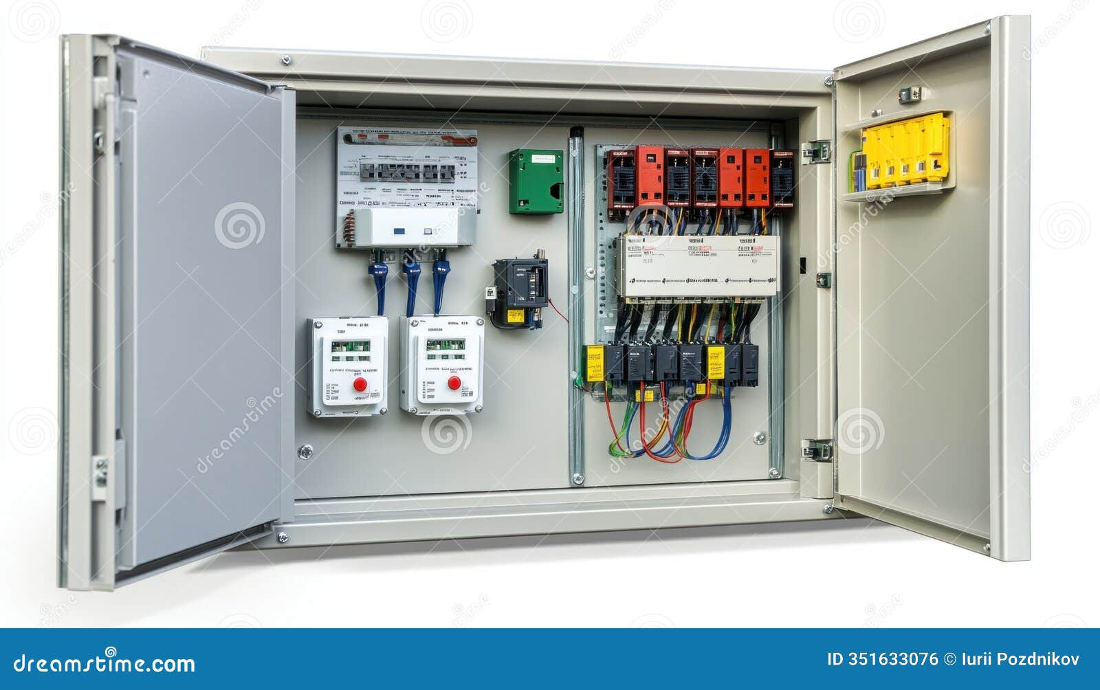 Electrical Panel with Open Doors Showing Circuit Breakers and Wiring ...