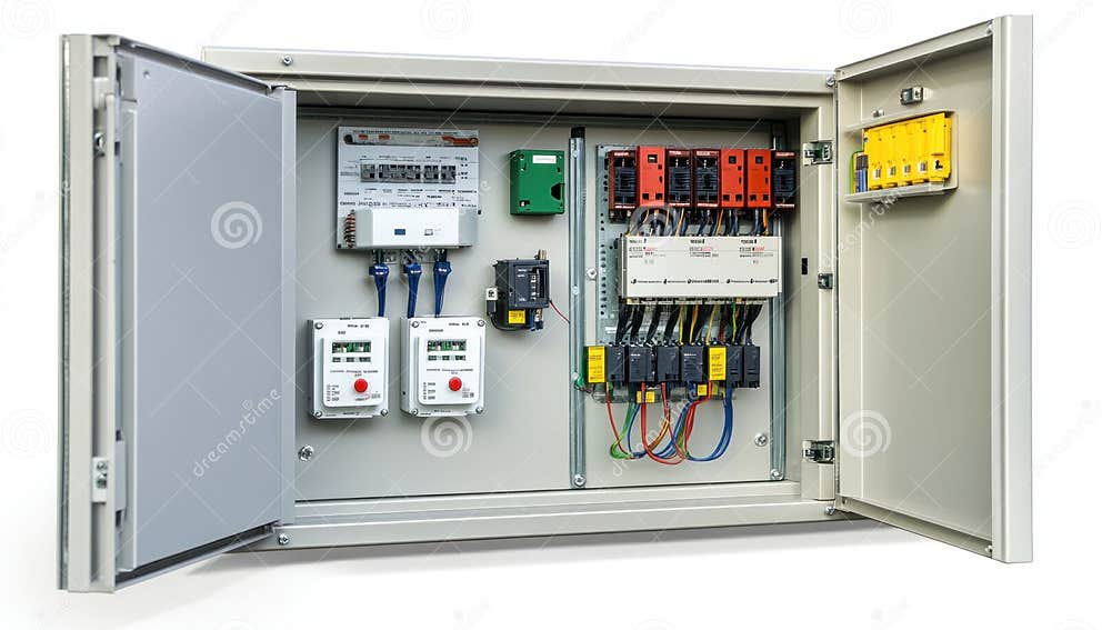 Electrical Panel with Open Doors Showing Circuit Breakers and Wiring ...
