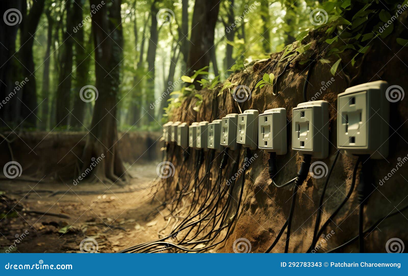 Electrical Plugs in the Ground between Tree Paths in the Forest Green ...