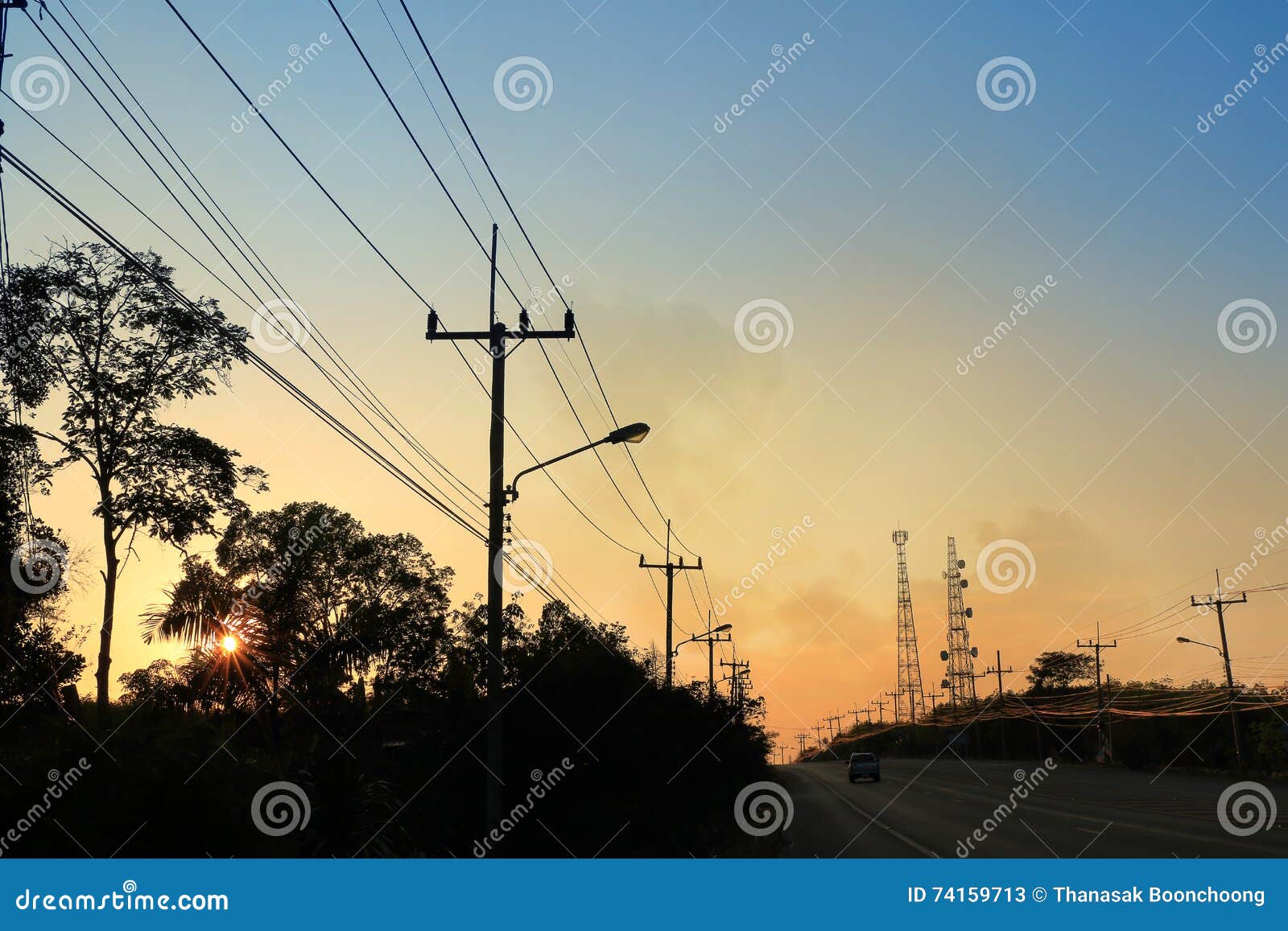 Electrical Pole at Sunset on the Rural Road Stock Image - Image of ...