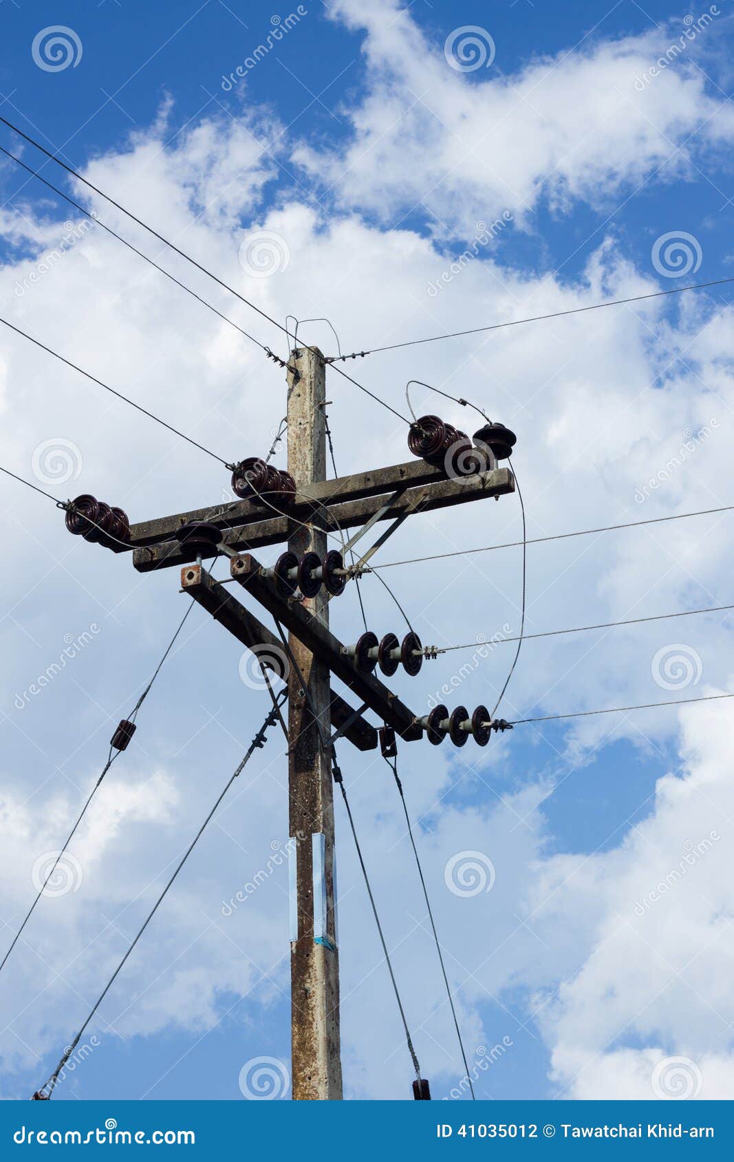Electrical Post by the Road with Power Line Cables, Against Blue Stock ...