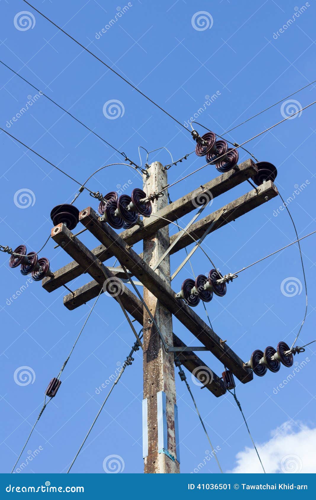 Electrical Post by the Road with Power Line Cables, Against Blue Stock ...