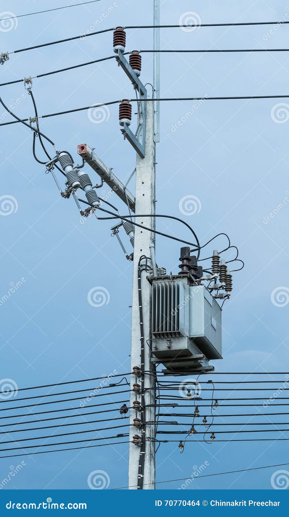 Electrical Post by the Road with Power Line Cables, Transformers and ...