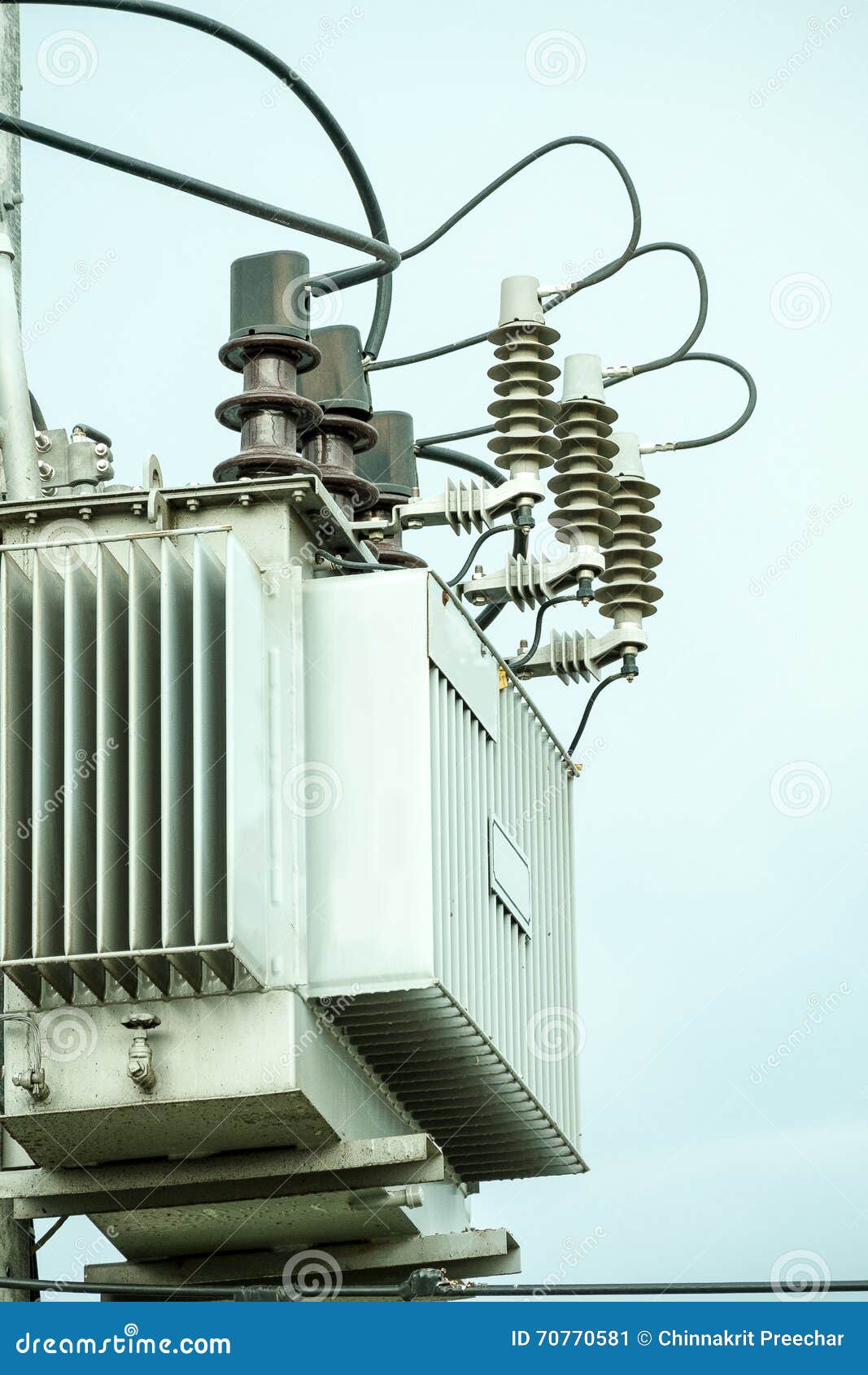 Electrical Post by the Road with Power Line Cables, Transformers and ...