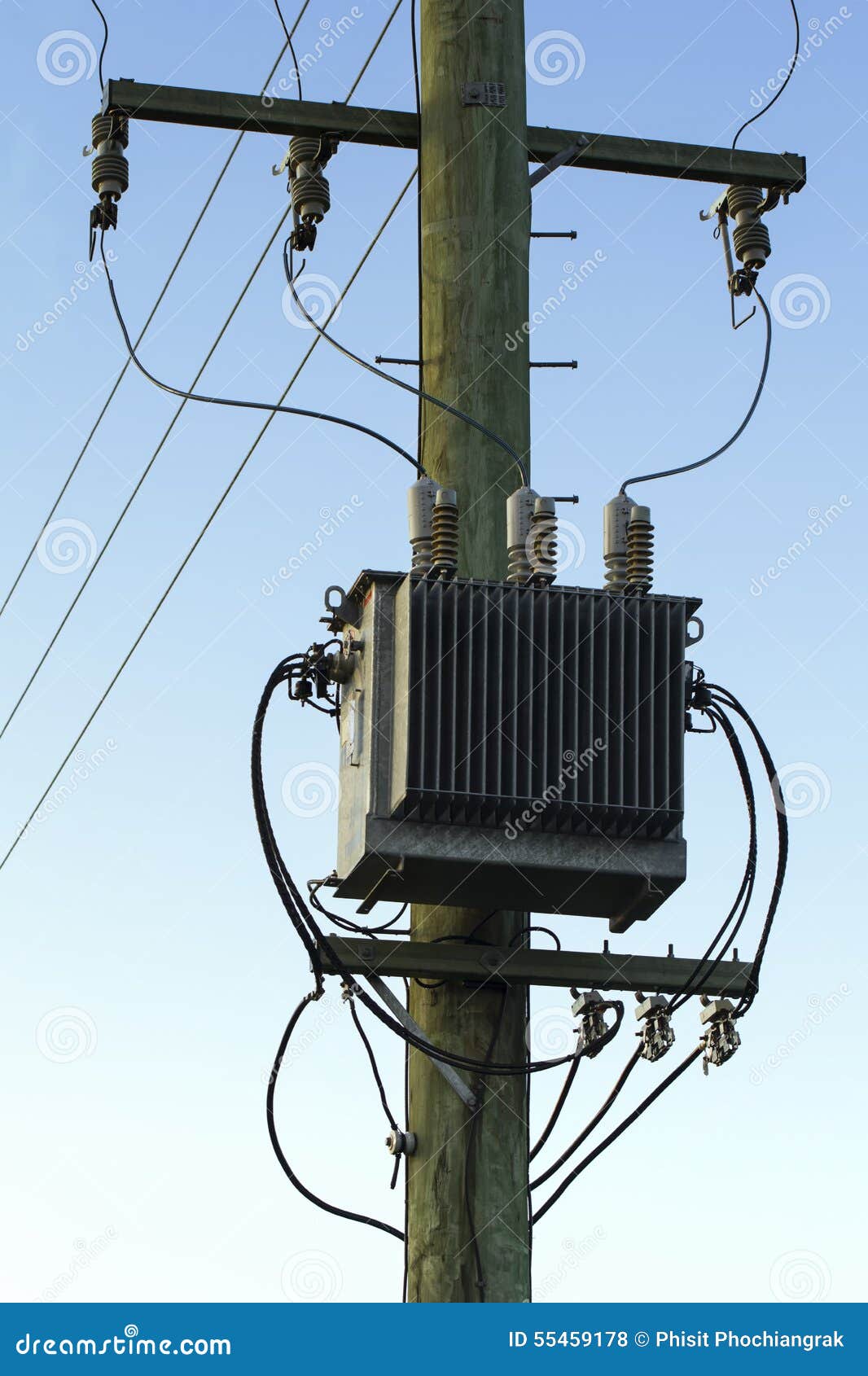 Electrical Post and Transformers Stock Photo - Image of dioxide, blue ...
