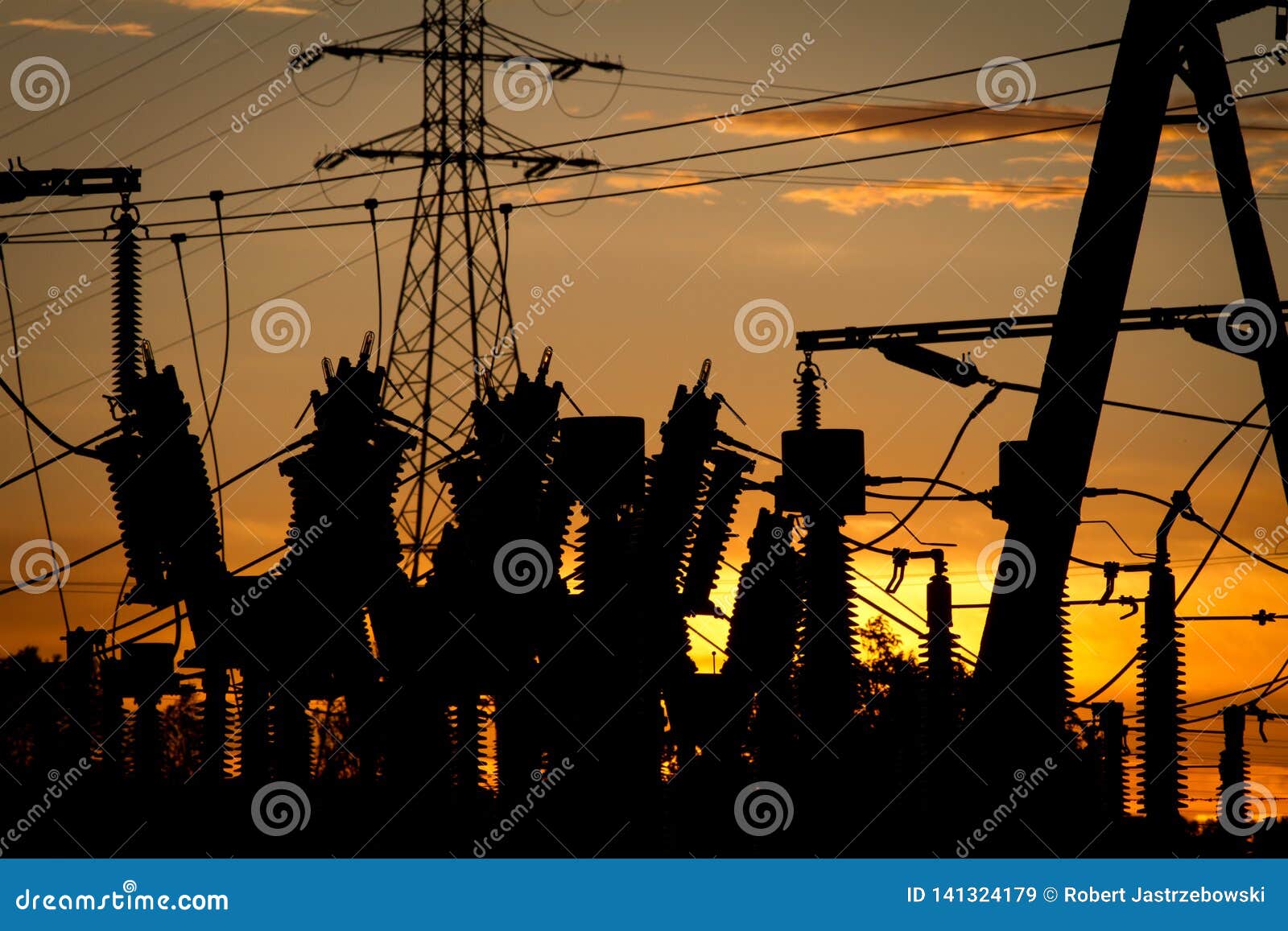 Electrical Power Distribution Place at Sunset Stock Image - Image of ...