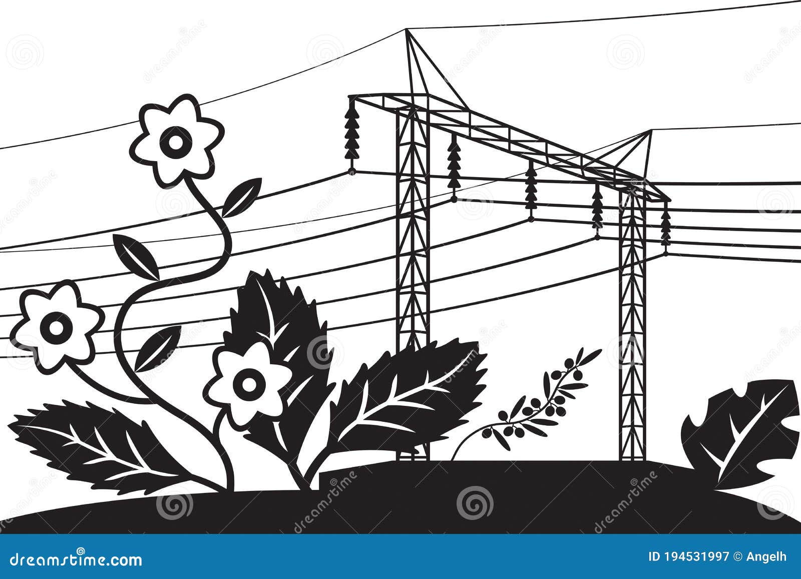 Electrical Power Line Over Field with Flowers Stock Illustration ...