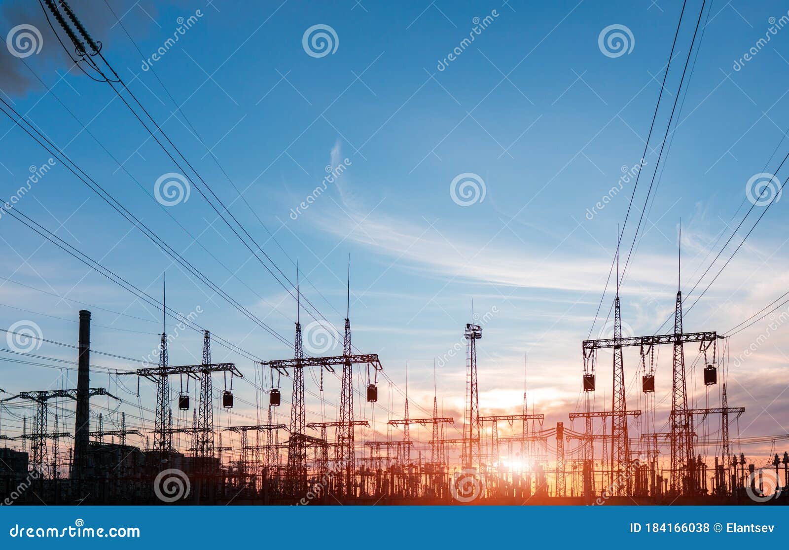 Electrical Power Lines and Towers at Sunset Stock Photo - Image of dusk ...