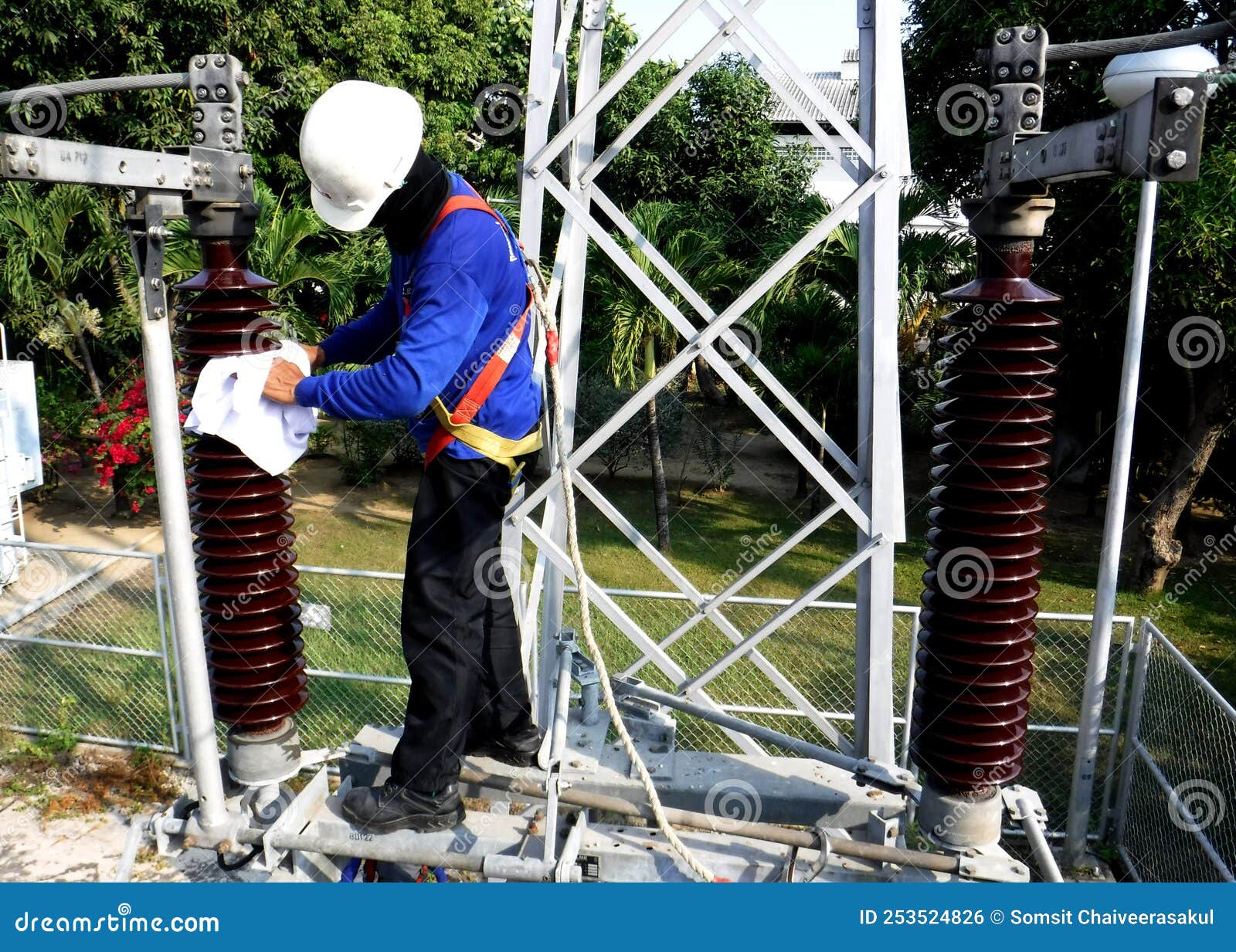 Disconnecting Switch Insulator Cleaning by a Worker at Take-off Tower ...