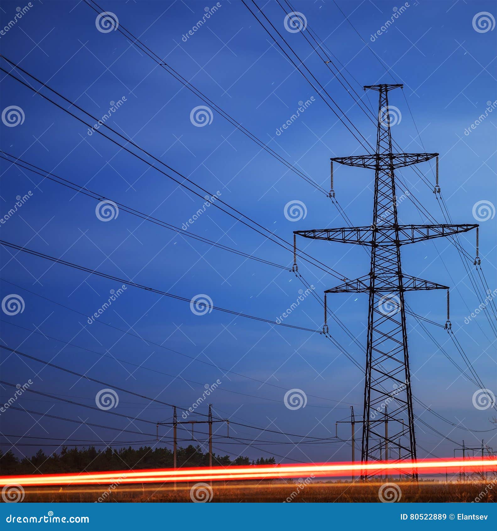 Electrical Pylon and High Voltage Power Lines at Night. Stock Image ...