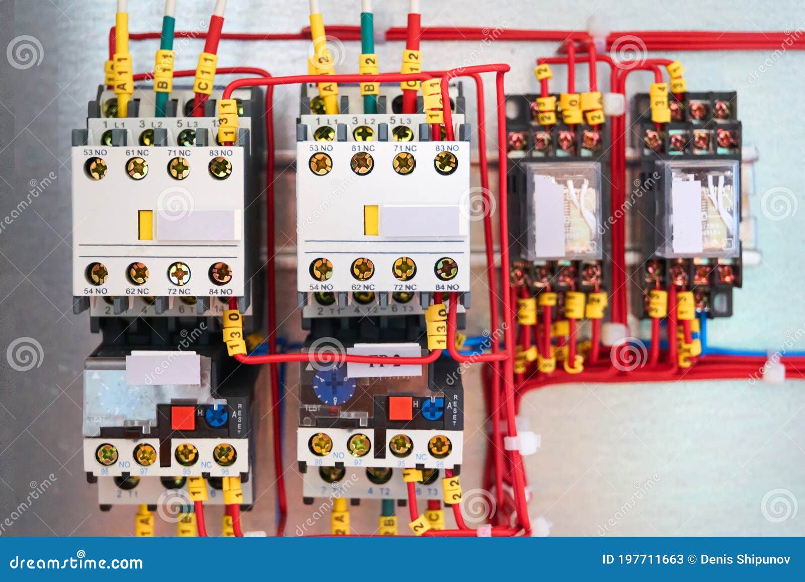Electrical Relays with Connected Wires. Industrial Background Stock ...