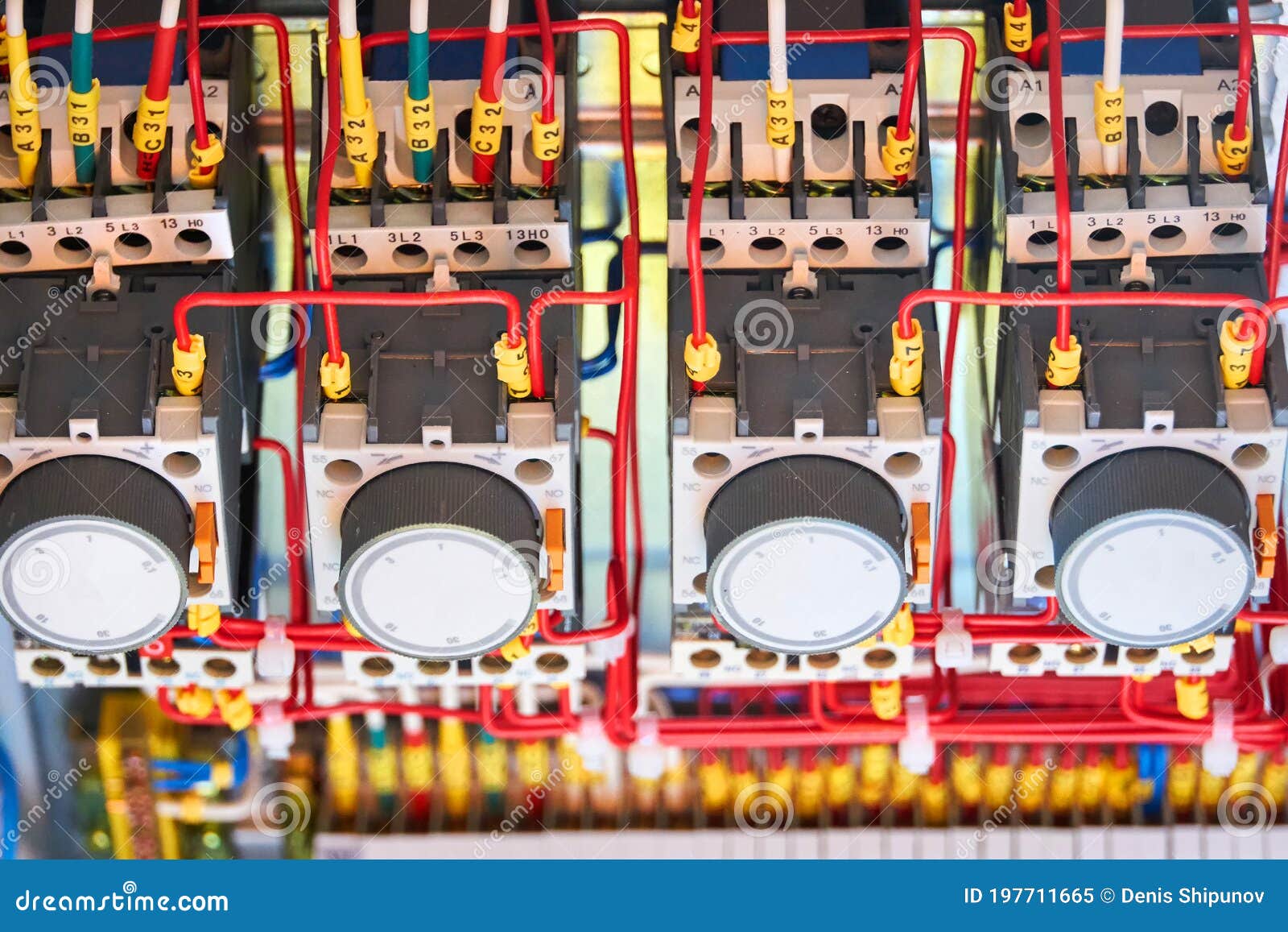 Electrical Relays with Connected Wires. Industrial Background Stock ...