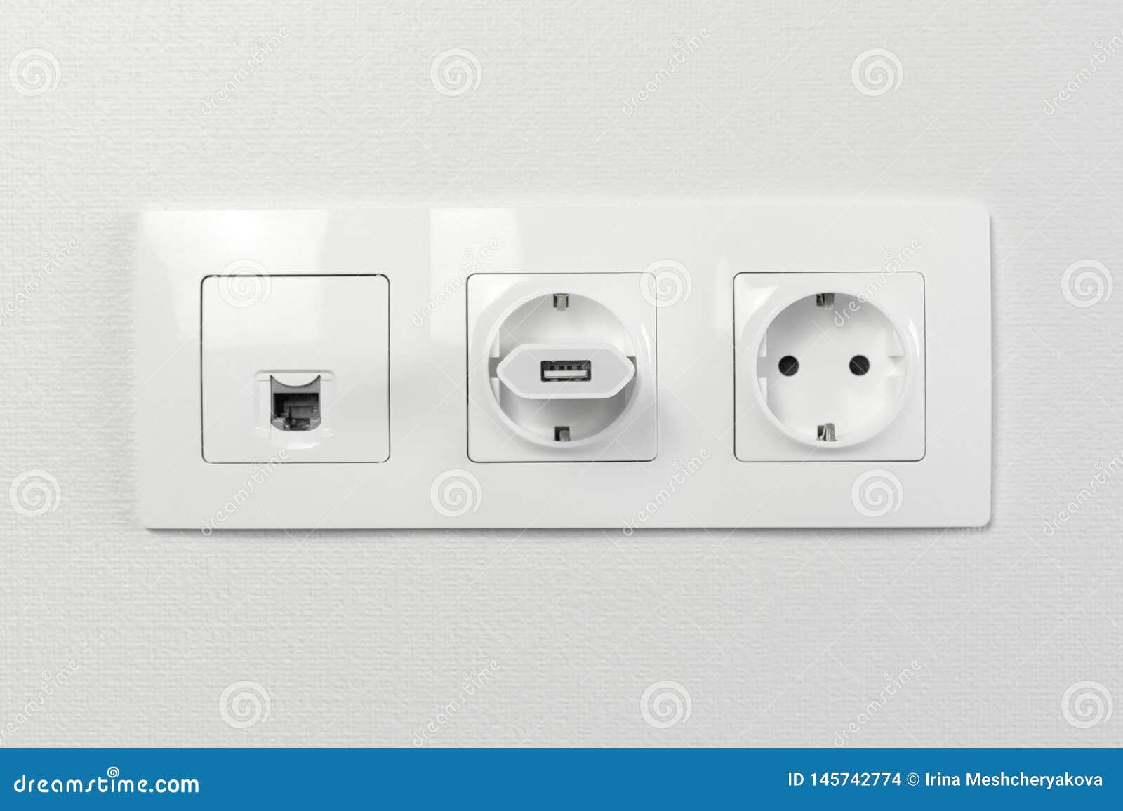 Electrical Sockets on the Wall with Black Connection Internet Plug and ...