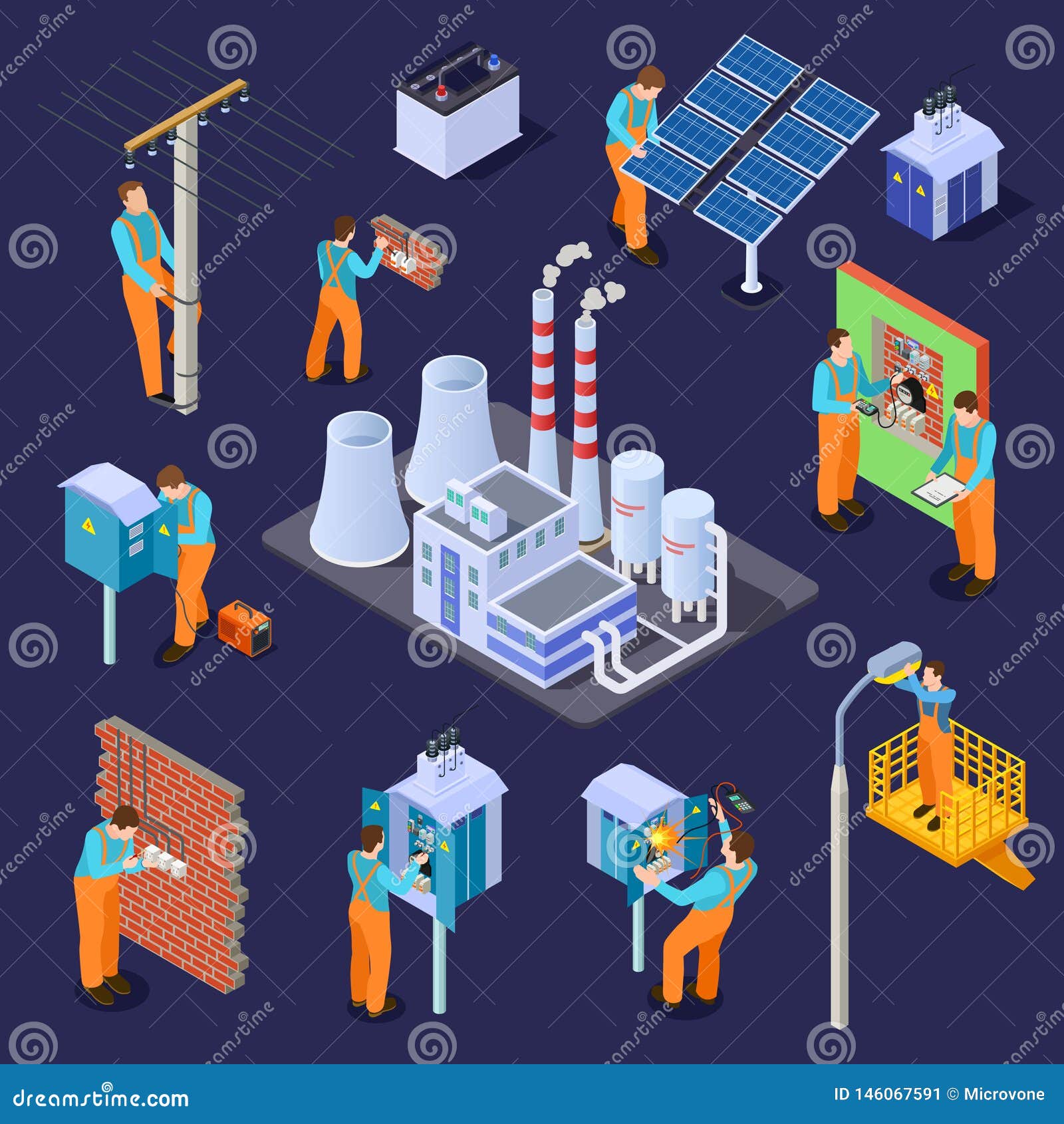 Electrical Station and Electricians, Workers Isometric Vector Set Stock ...