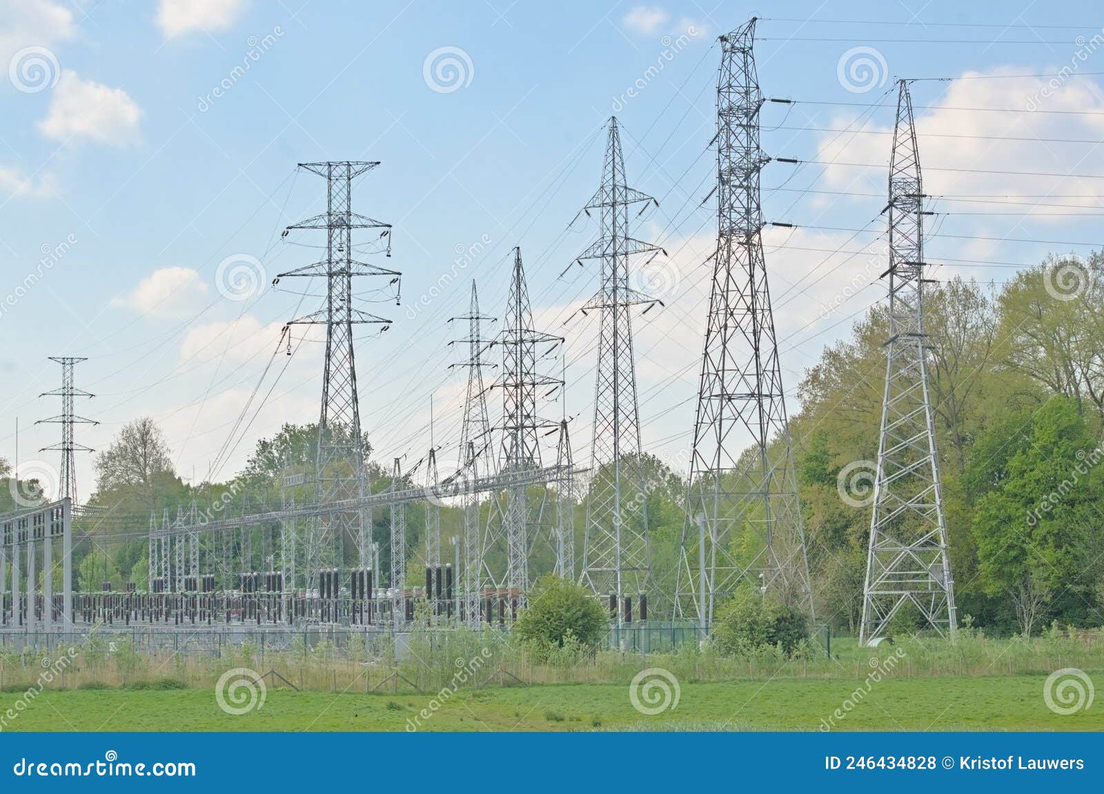 Electrical Substation with Many Pylons between Trees Stock Photo ...