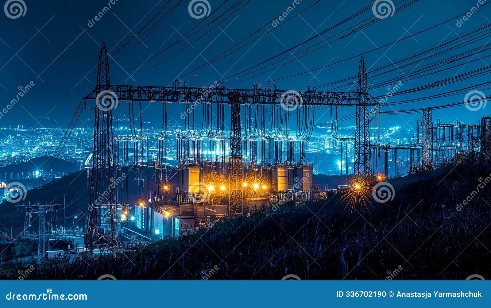 An Electrical Substation at Night, Illuminated by Bright Lights Stock ...