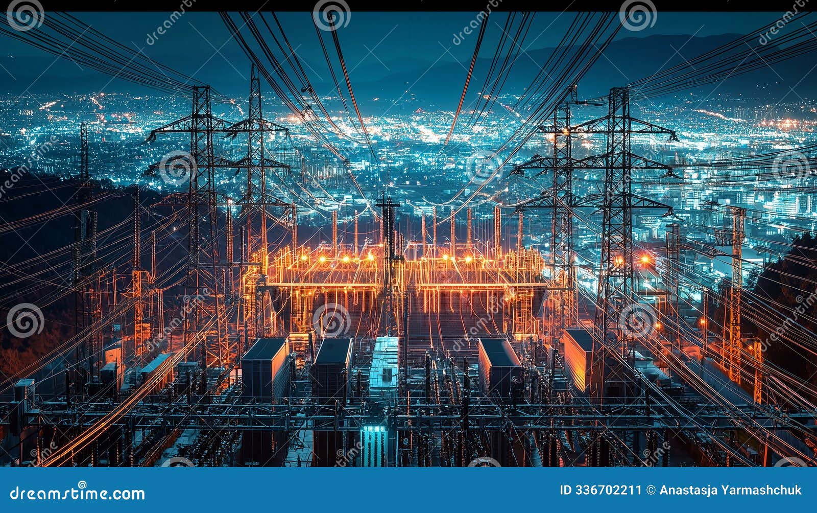 An Electrical Substation at Night, Illuminated by Bright Lights Stock ...