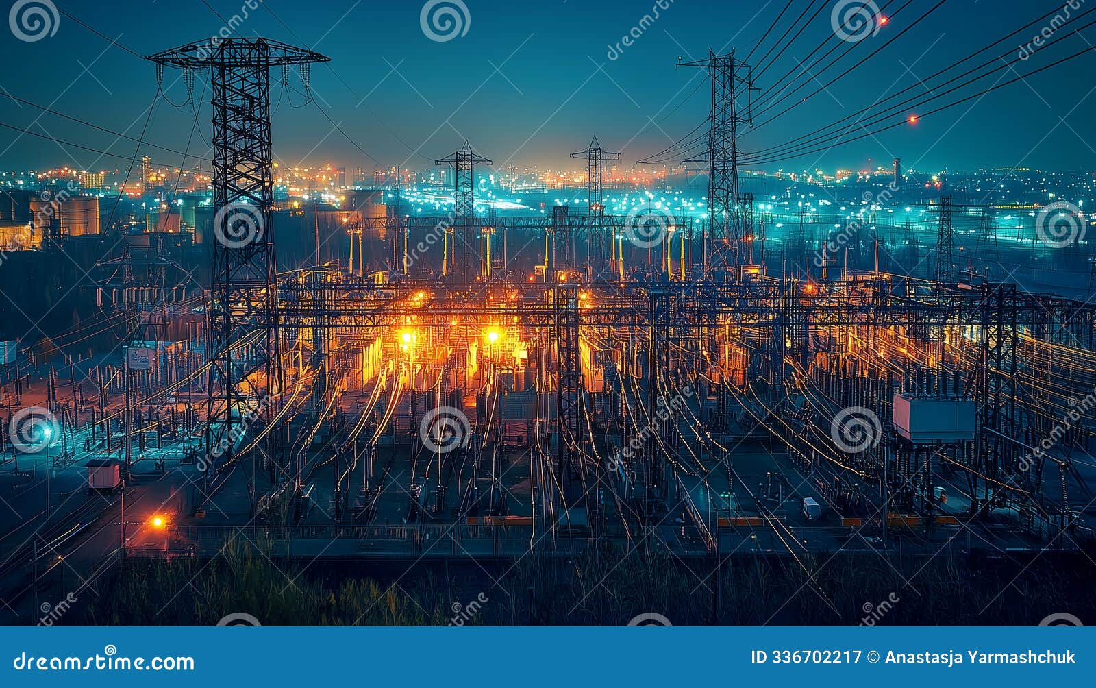 An Electrical Substation at Night, Illuminated by Bright Lights Stock ...