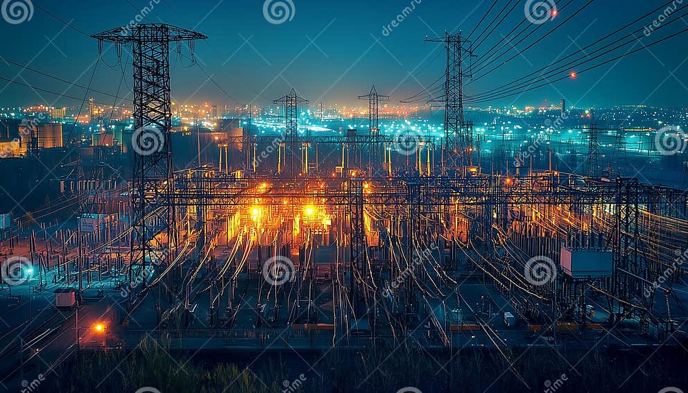 An Electrical Substation at Night, Illuminated by Bright Lights Stock ...