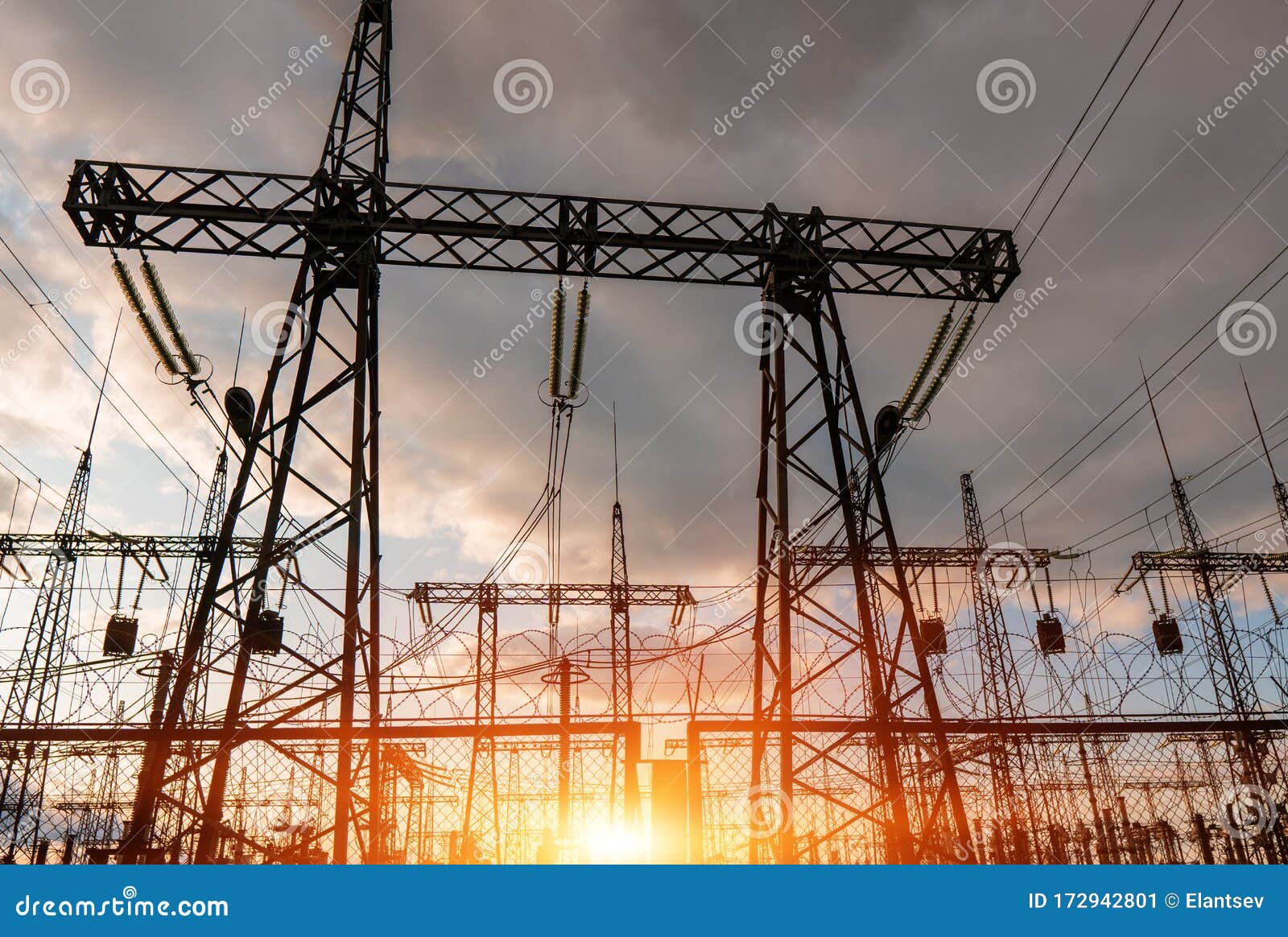Electrical Substation Silhouette on the Dramatic Sunset Background ...