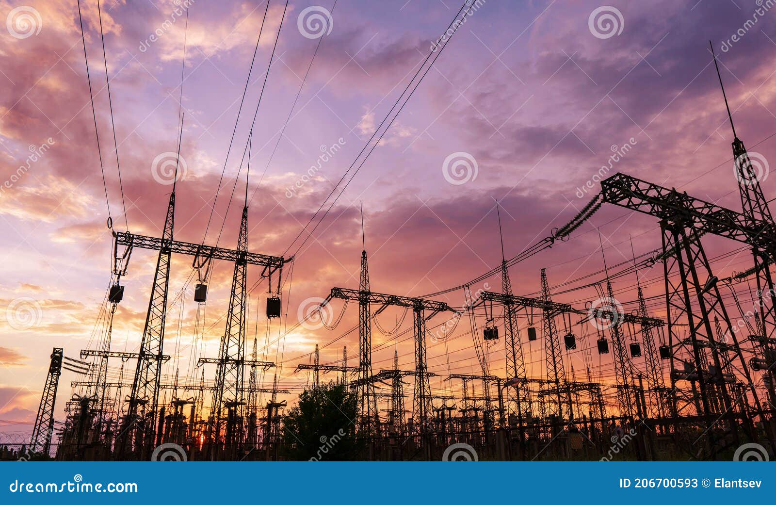Electrical Substation Silhouette on the Dramatic Sunset Background ...