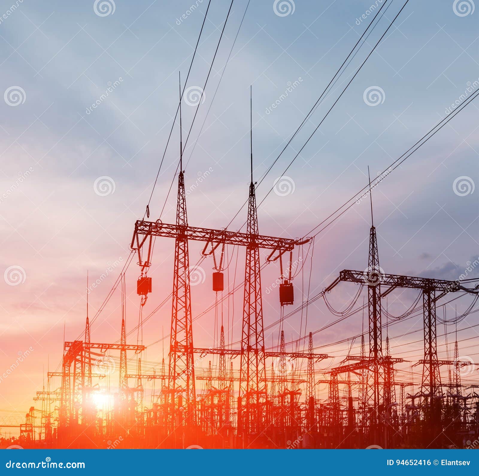 Electrical Substation on the Sunset Background Stock Photo - Image of ...