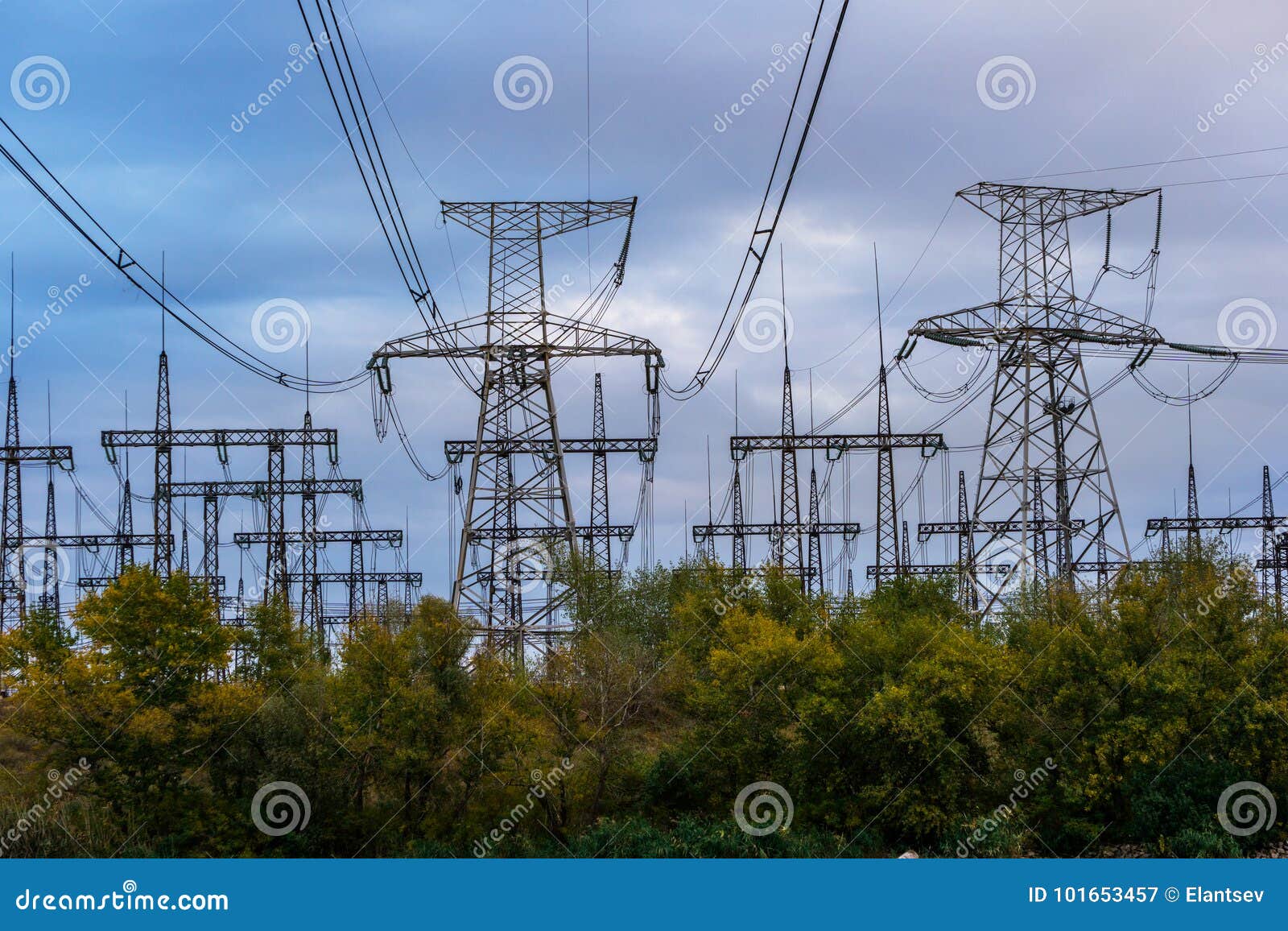Electrical Substation on the Sunset Background. Stock Image - Image of ...