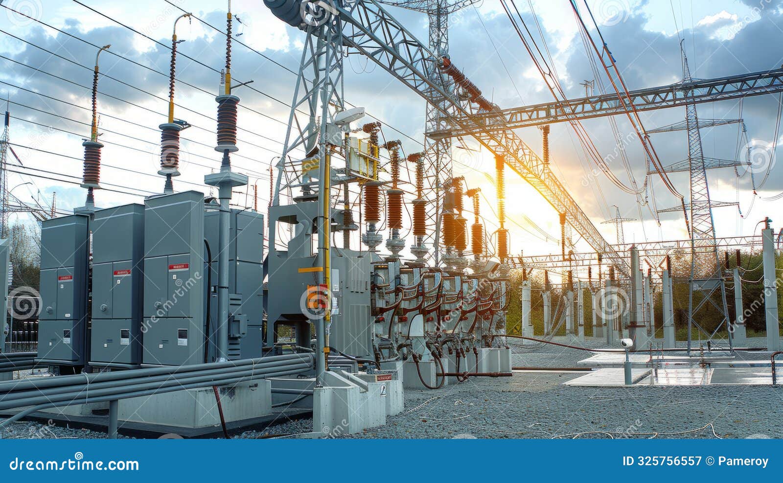 Electrical Substation With Transformers And Power Lines At Sunset ...