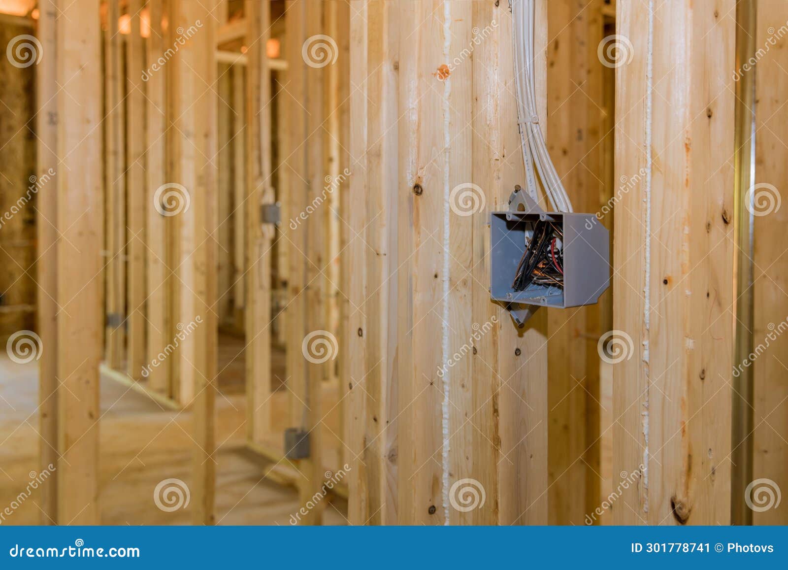 An Electrical Switch Box Plastic Mounted a Wires on Wooden Frame Beams ...