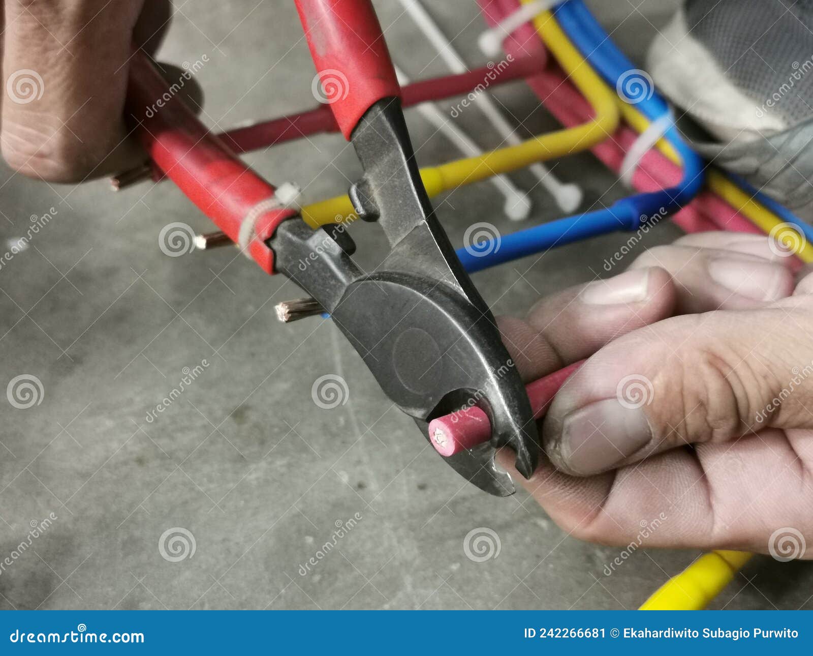 An Electrical Technician Cutting Insulated Wire Using Cable Cutter ...