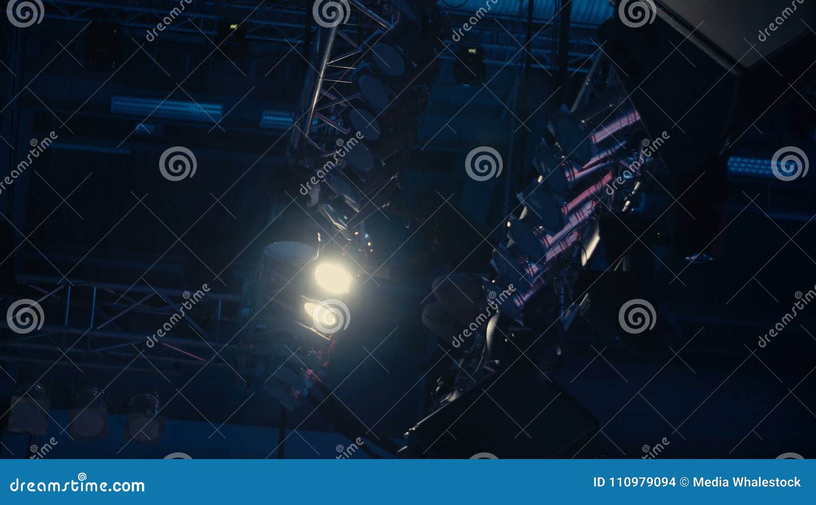 Electrical Technician on a Ladder Adjusting Stage Lights. Clipping Path ...