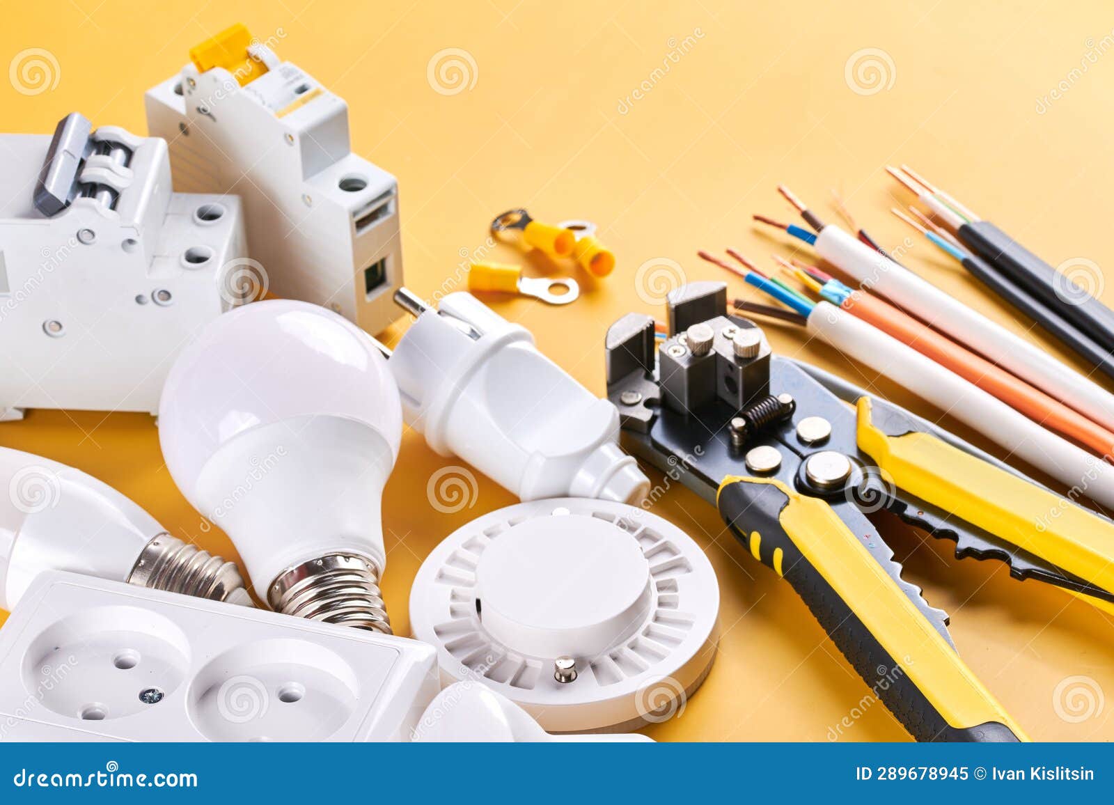 Electrical Tools Set with Dimmer Switch Isolated on Yellow Background ...