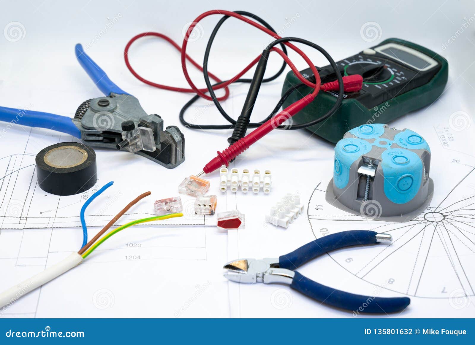 Electrical Tools and Supplies on Architect`s Plan Stock Photo - Image ...