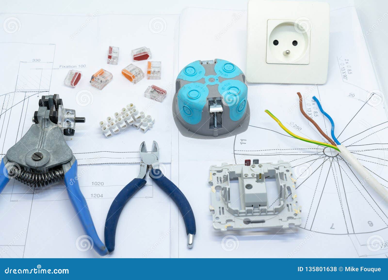 Electrical Tools and Supplies on Architect`s Plan Stock Photo - Image ...