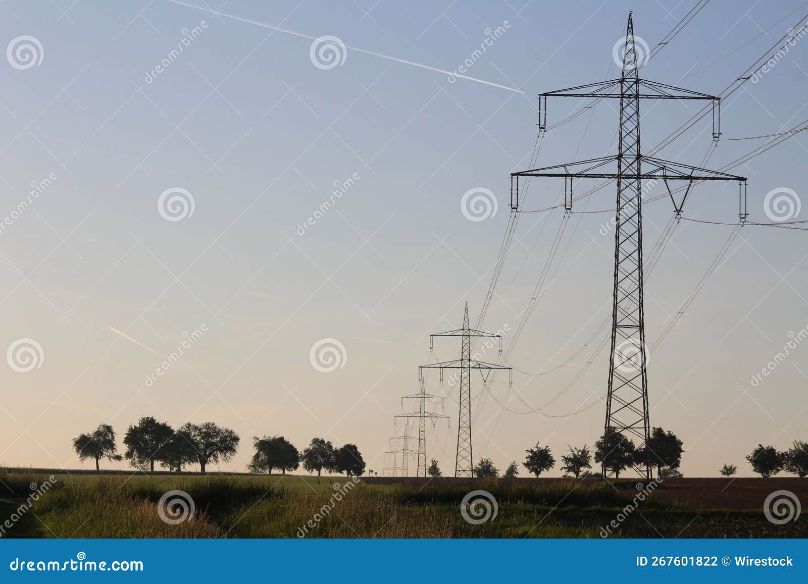 Electrical Towers in the Field with Trees at Sunset Stock Photo - Image ...