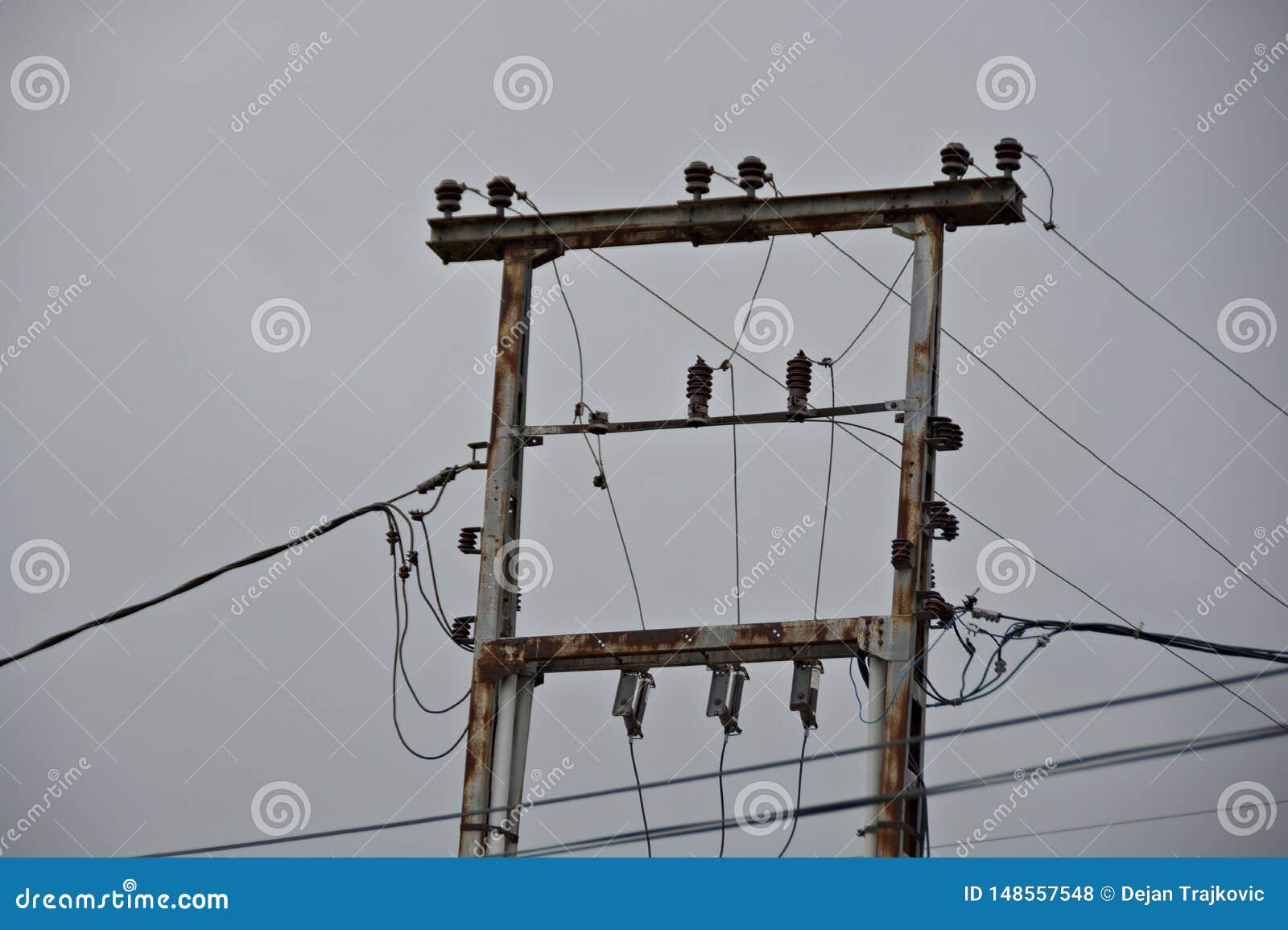 Double Metal Electrical Pillars with Wires of High Voltage Stock Photo ...