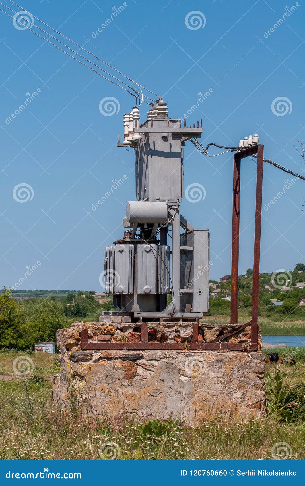 Electrical Transformer on a Stone Stand. Old High-voltage Power Station ...
