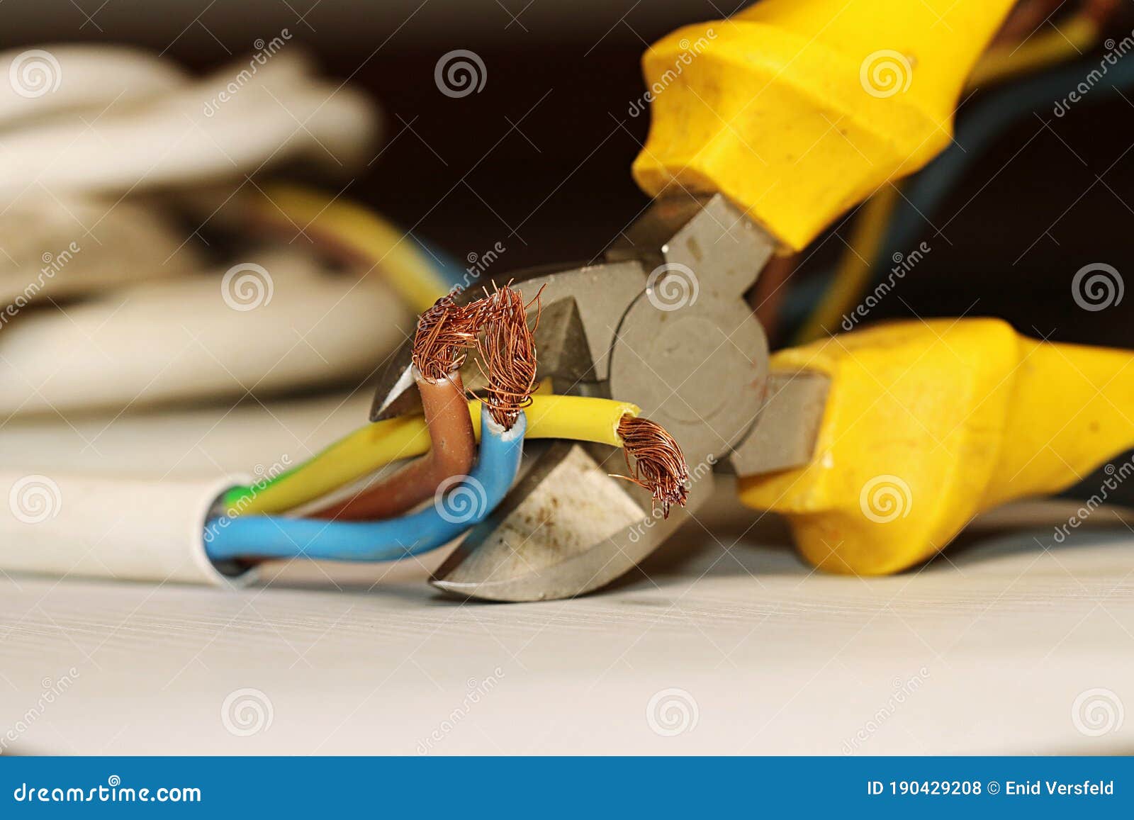 Electrical Wires in the Process of Being Cut with a Side Cutter. Stock ...
