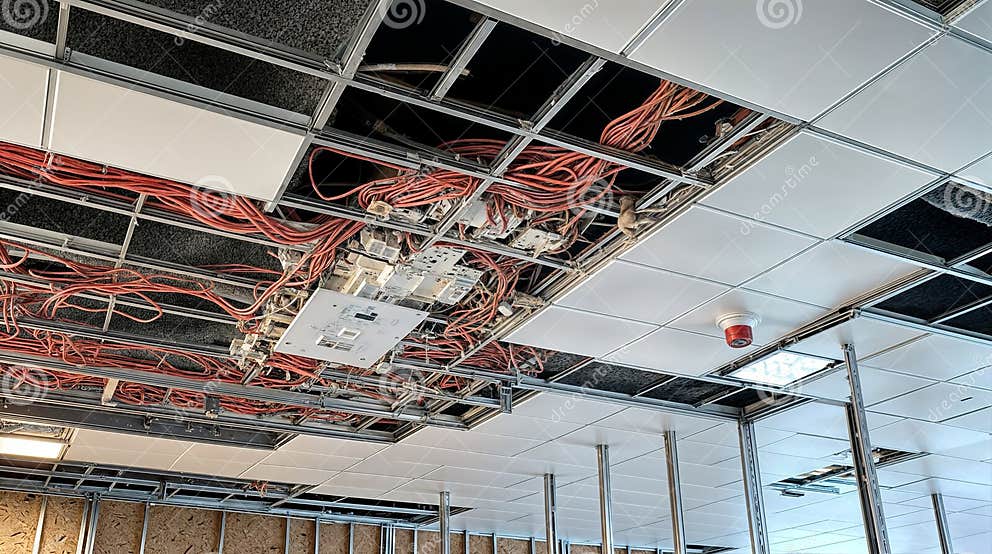 Electrical Wiring and Ceiling Panels Installation in Progress Stock ...