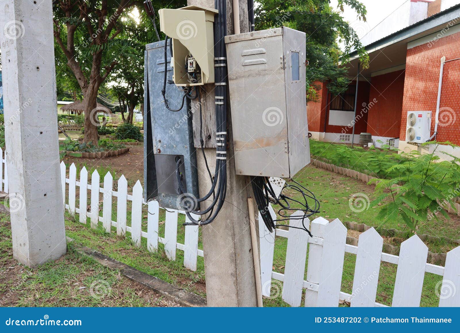 The Electrical Wiring Control Box is Mounted on an Outdoor Pole. Stock ...