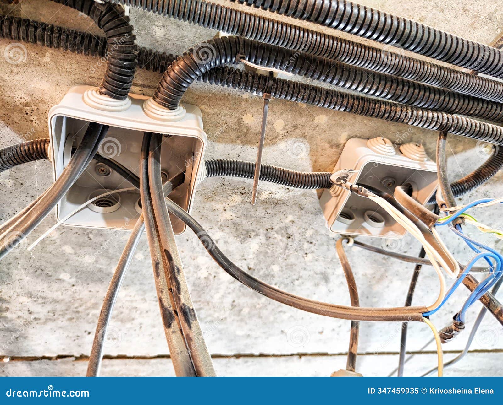 Electrical Wiring Junction Boxes with Multiple Cables Installed in a ...