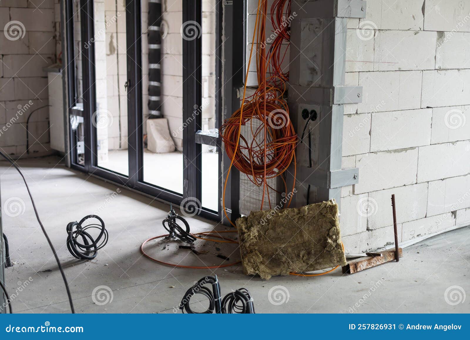 Electrical Wiring Work at a Construction Site. Wire Extension. Stock ...