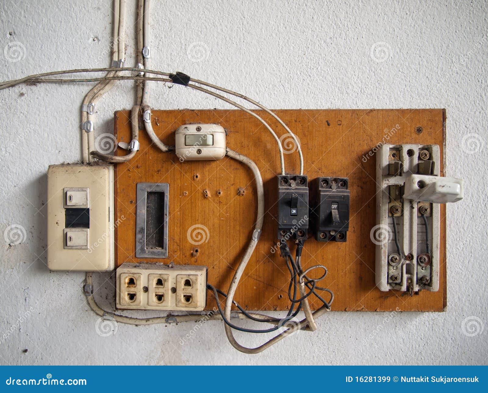 Electrical in wood panel stock image. Image of technology - 16281399