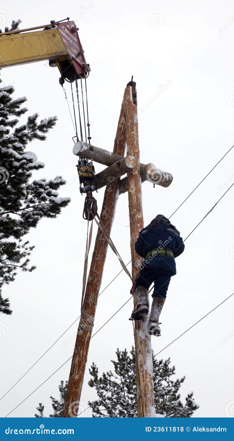 Electrical Work at the Height of Winter Stock Photo - Image of ...