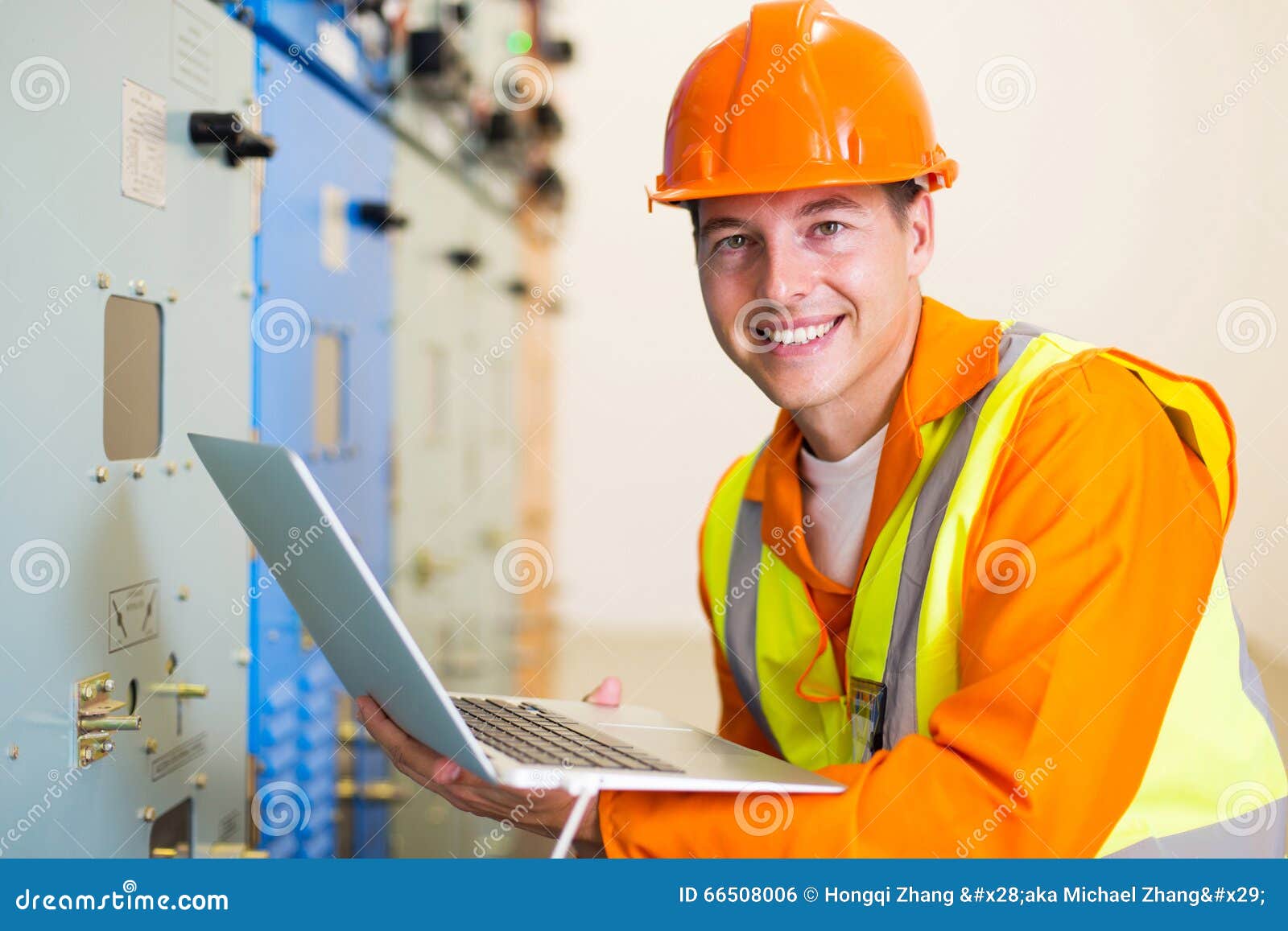 Electrical Worker Laptop Computer Stock Photo - Image of computer, blue ...