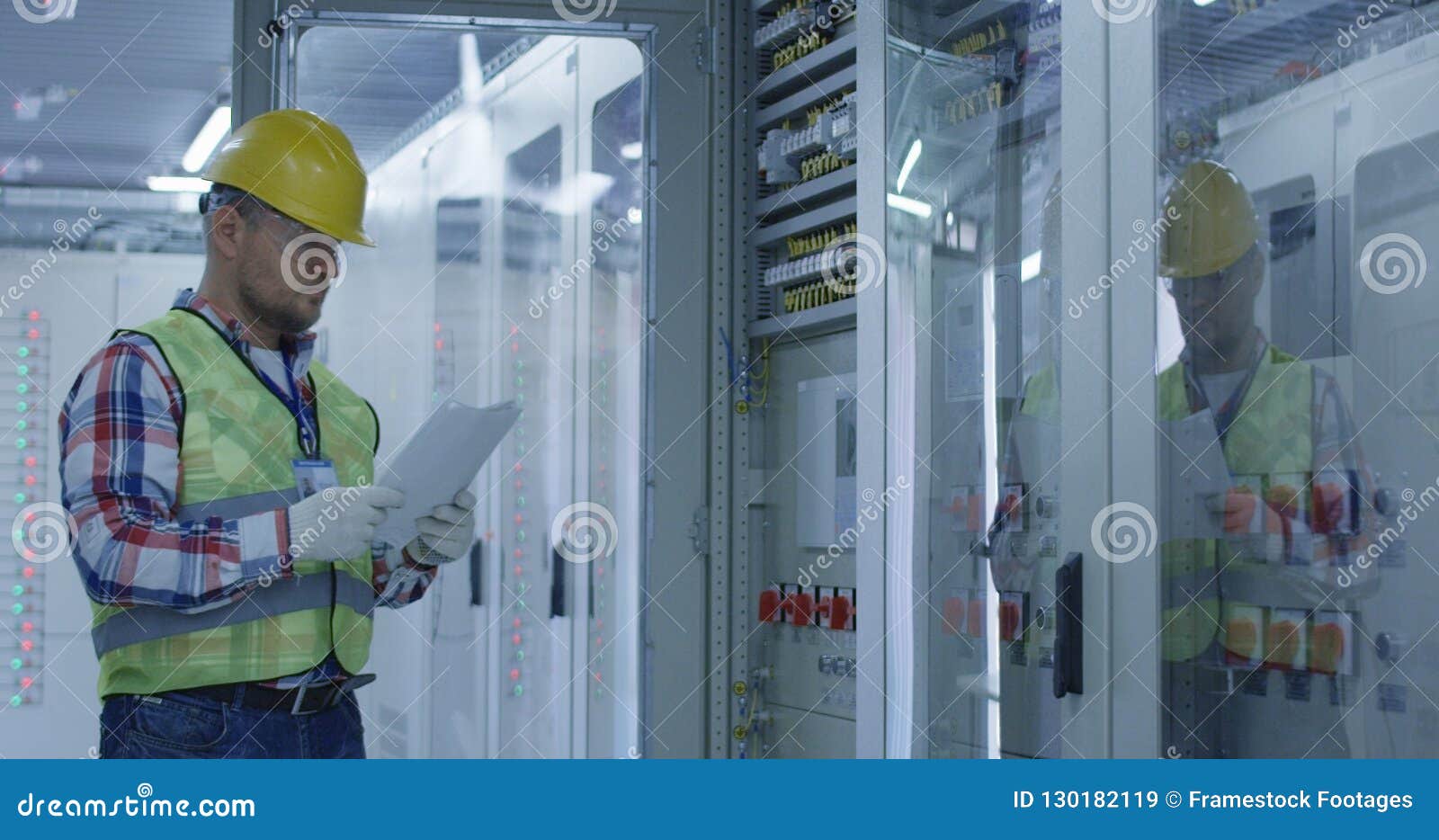 Electrical Worker Reading Paperwork and Inspecting Equipment Stock ...