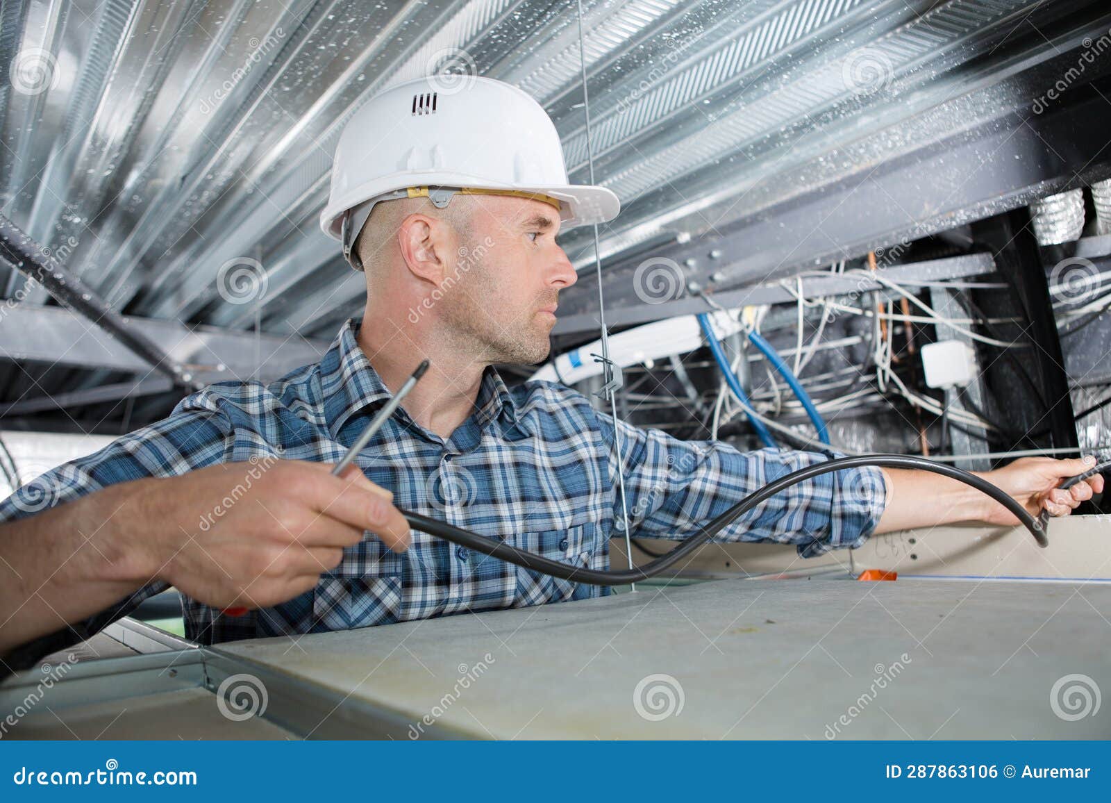 Electrical Worker Wiring in Ceiling Stock Photo - Image of circuit ...