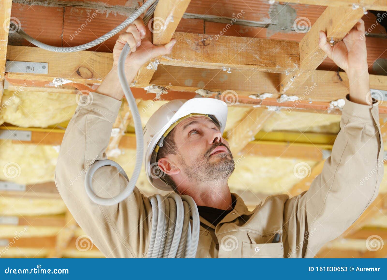 Electrical Worker Wiring in Ceiling Stock Image - Image of installing ...