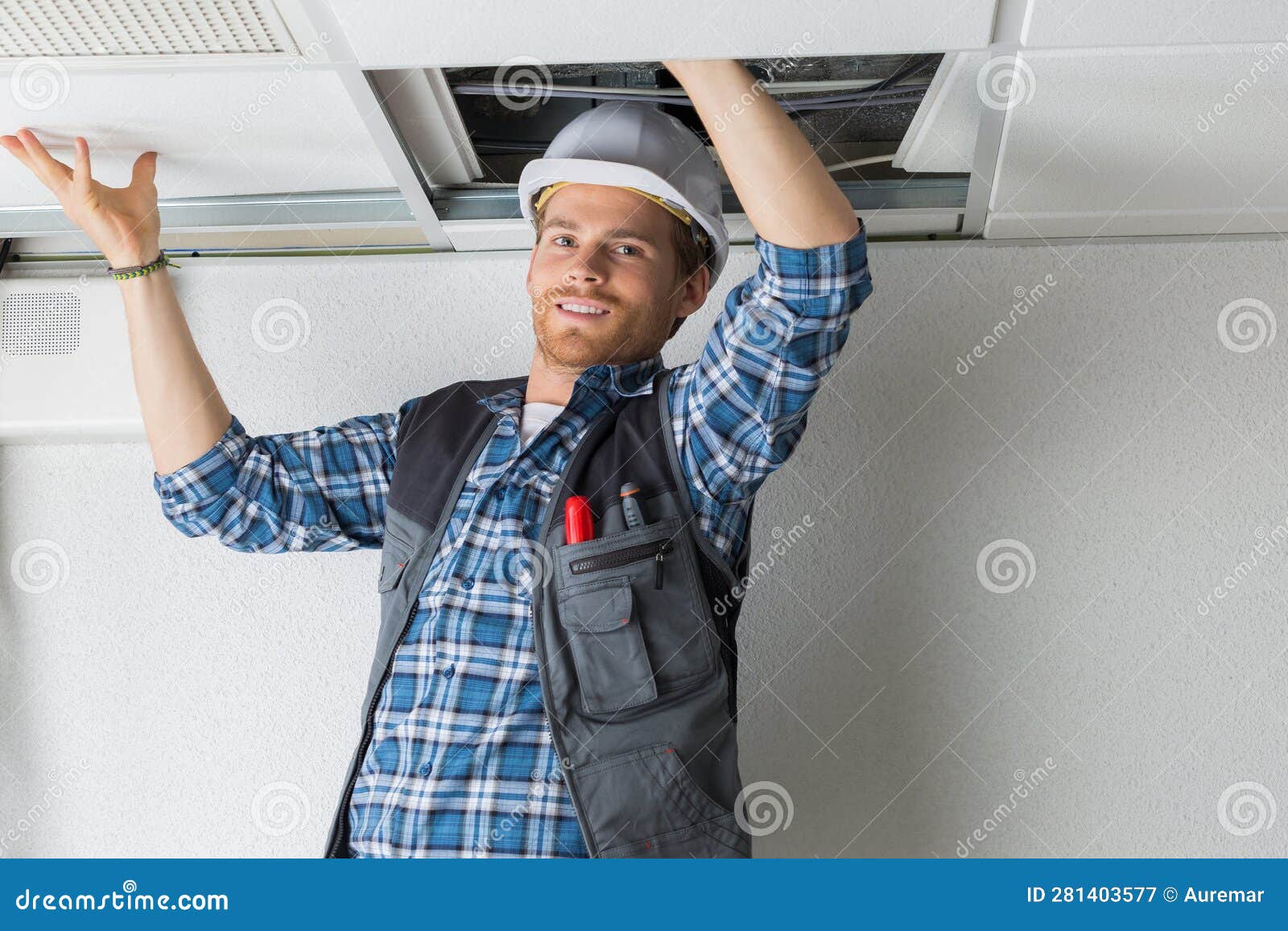Electrical Worker Wiring in Ceiling Stock Image - Image of electricity ...